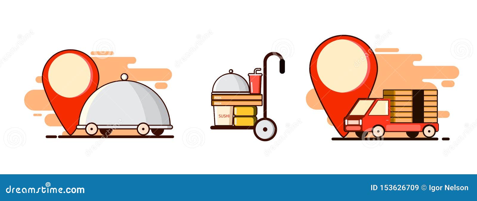 Delivery Set with Car and Food. Point , Mark. Vector Stock Illustration ...