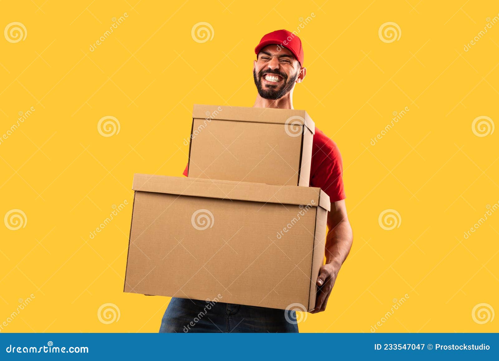 Funny Middle Eastern Courier Man Holding Heavy Parcels Over Yellow ...