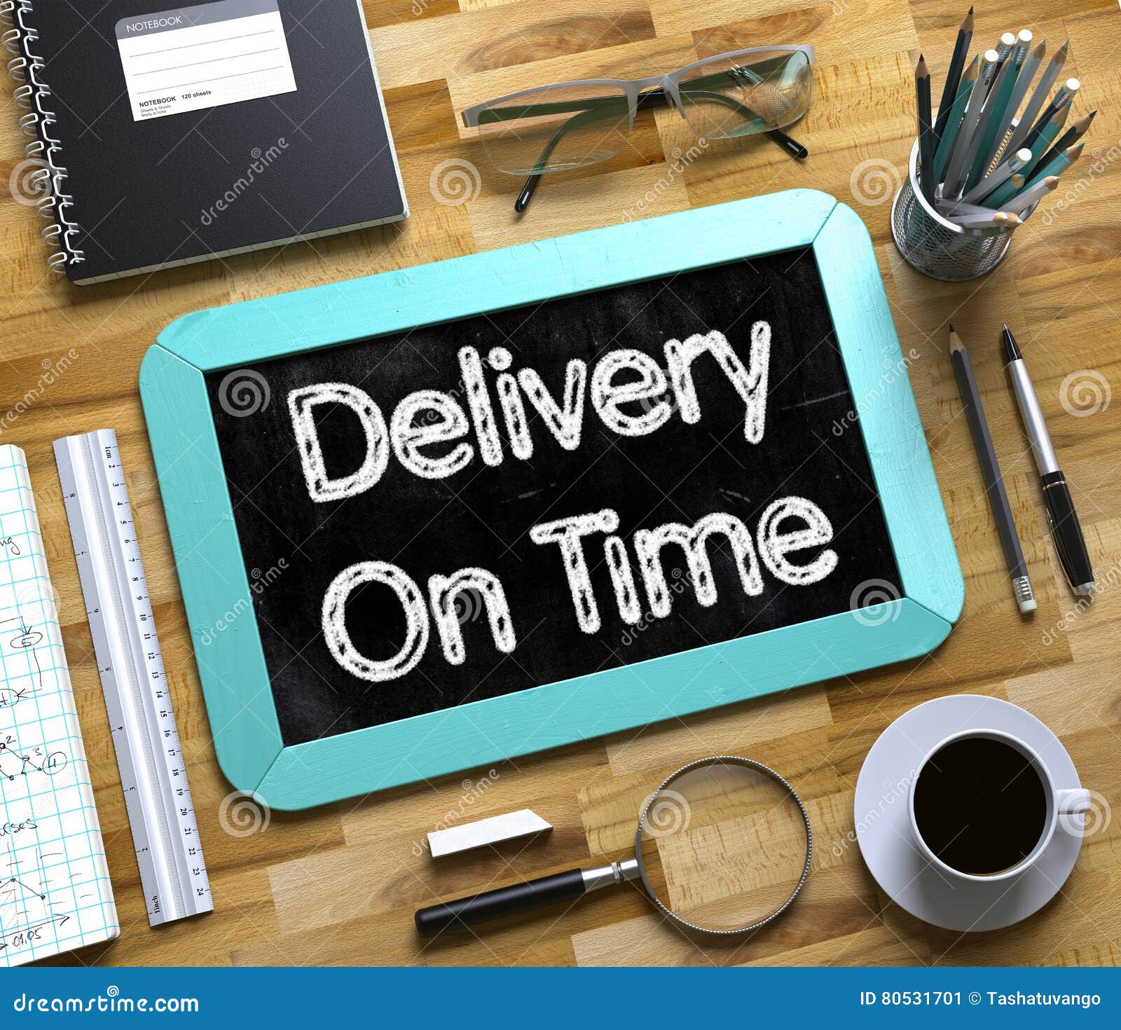 Delivery on Time Handwritten on Small Chalkboard. 3D. Stock Image ...