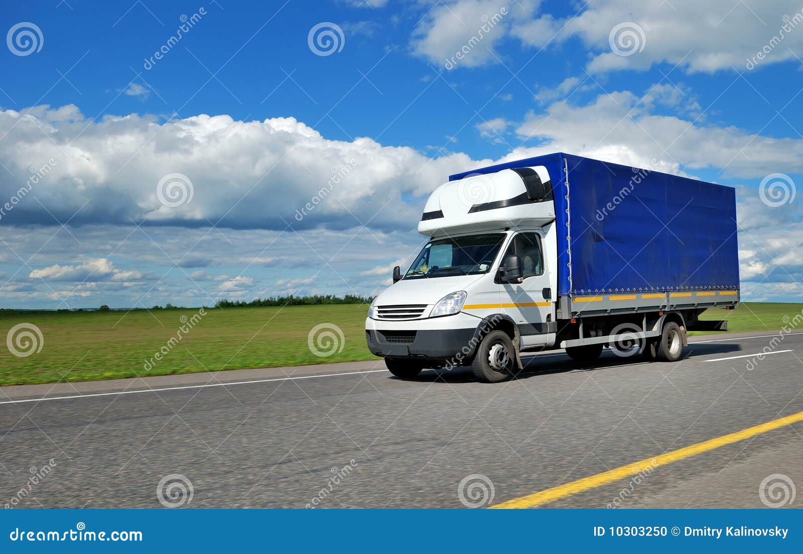 Delivery Truck With White Cabin And Blue Trailer Stock Photo - Image of ...