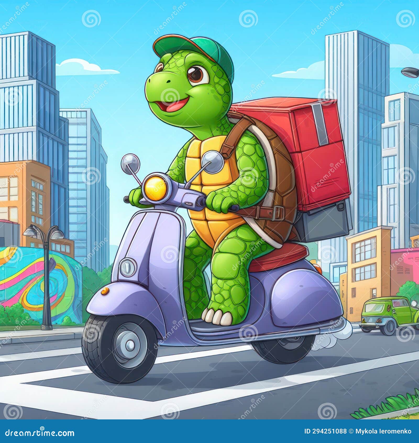 A Delivery Turtle Rides a Scooter Around Town Stock Illustration ...