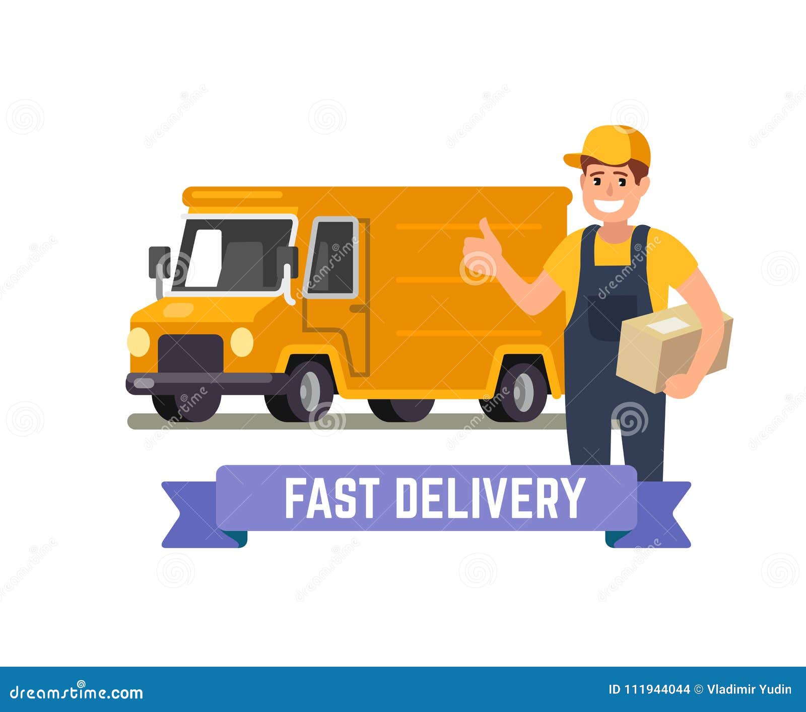 Delivery van and worker. stock vector. Illustration of copy - 111944044