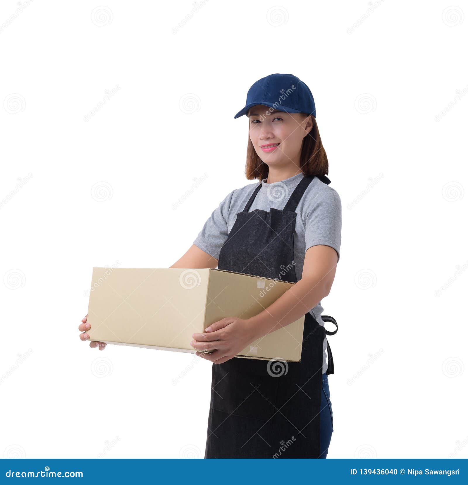 Delivery Woman in Gray Shirt and Apron is Holding Boxes Isolated Stock ... Delivery Woman in Gray Shirt and Apron is Holding Boxes Isolated Stock ...