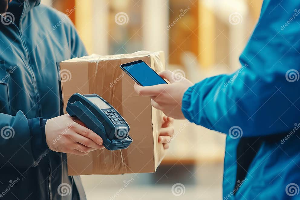 A Delivery Worker Holding a Package and a Card Reader while the ...