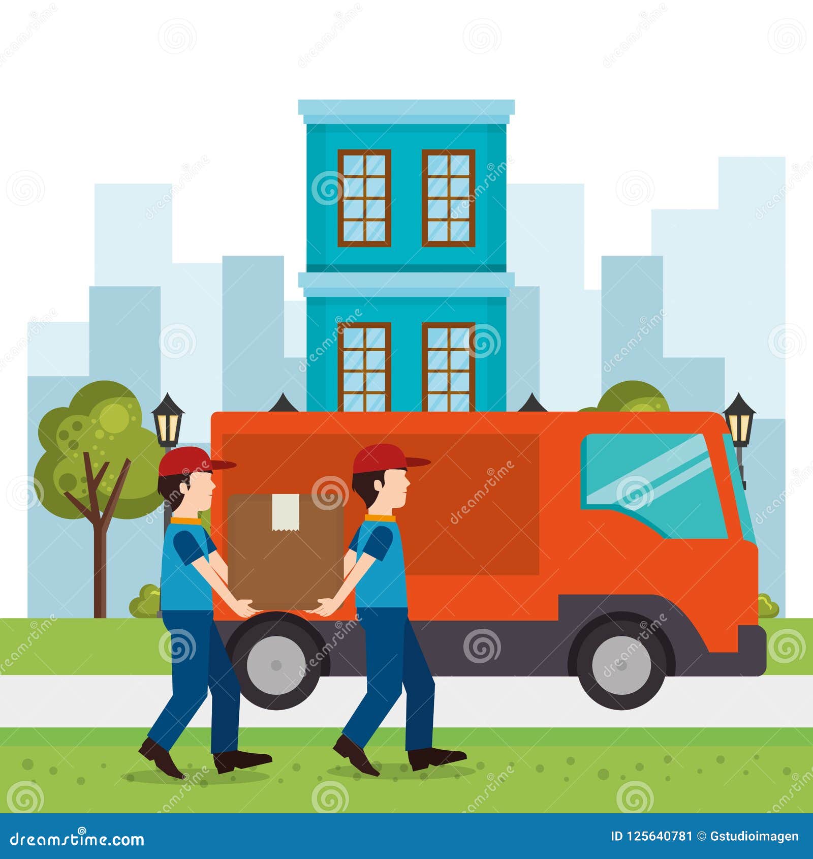 Delivery Workers Lifting Box Characters Stock Vector - Illustration of ...