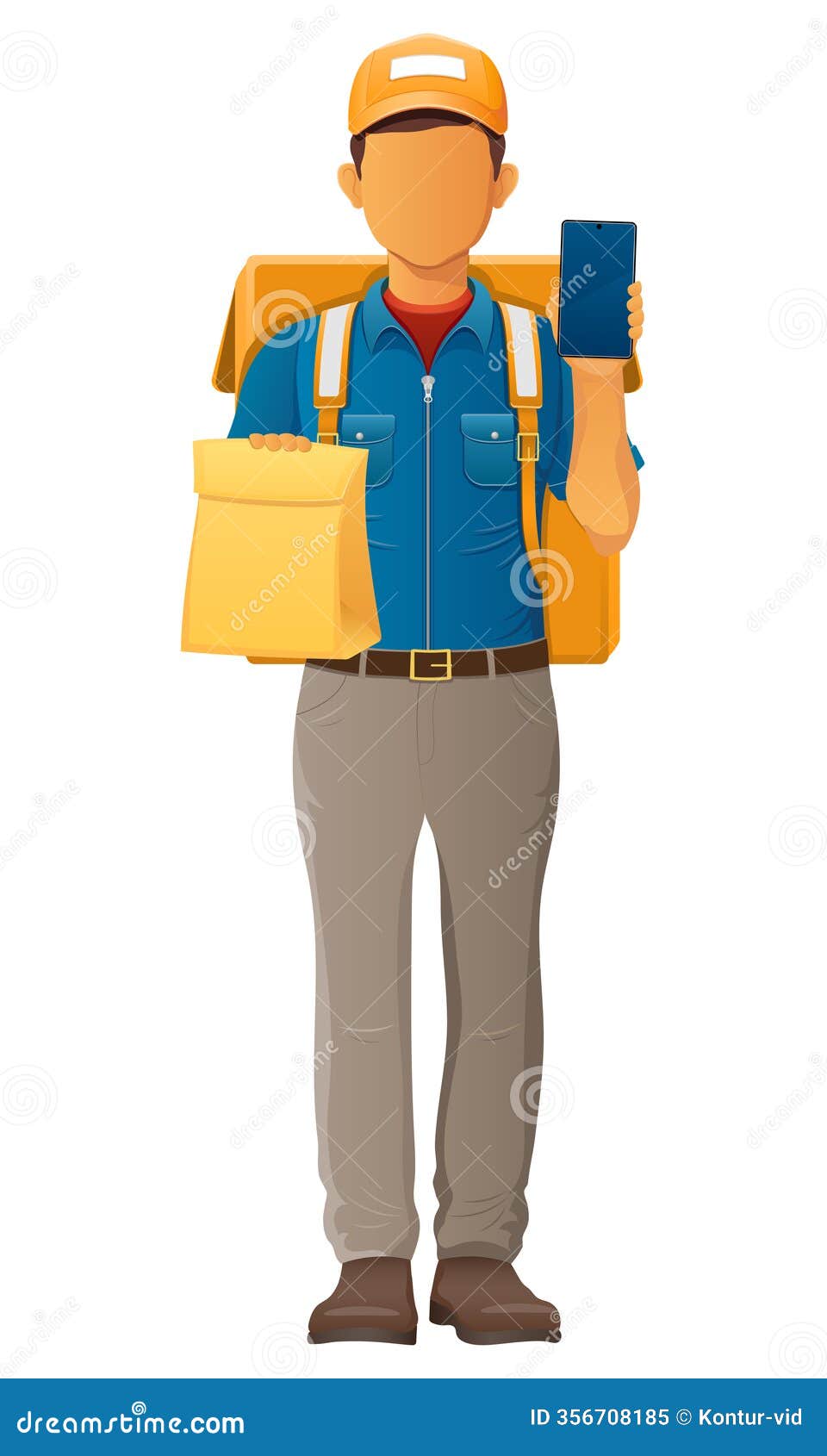 Delivery Man With Box. Young Courier In Red Hat And Uniform Standing ...