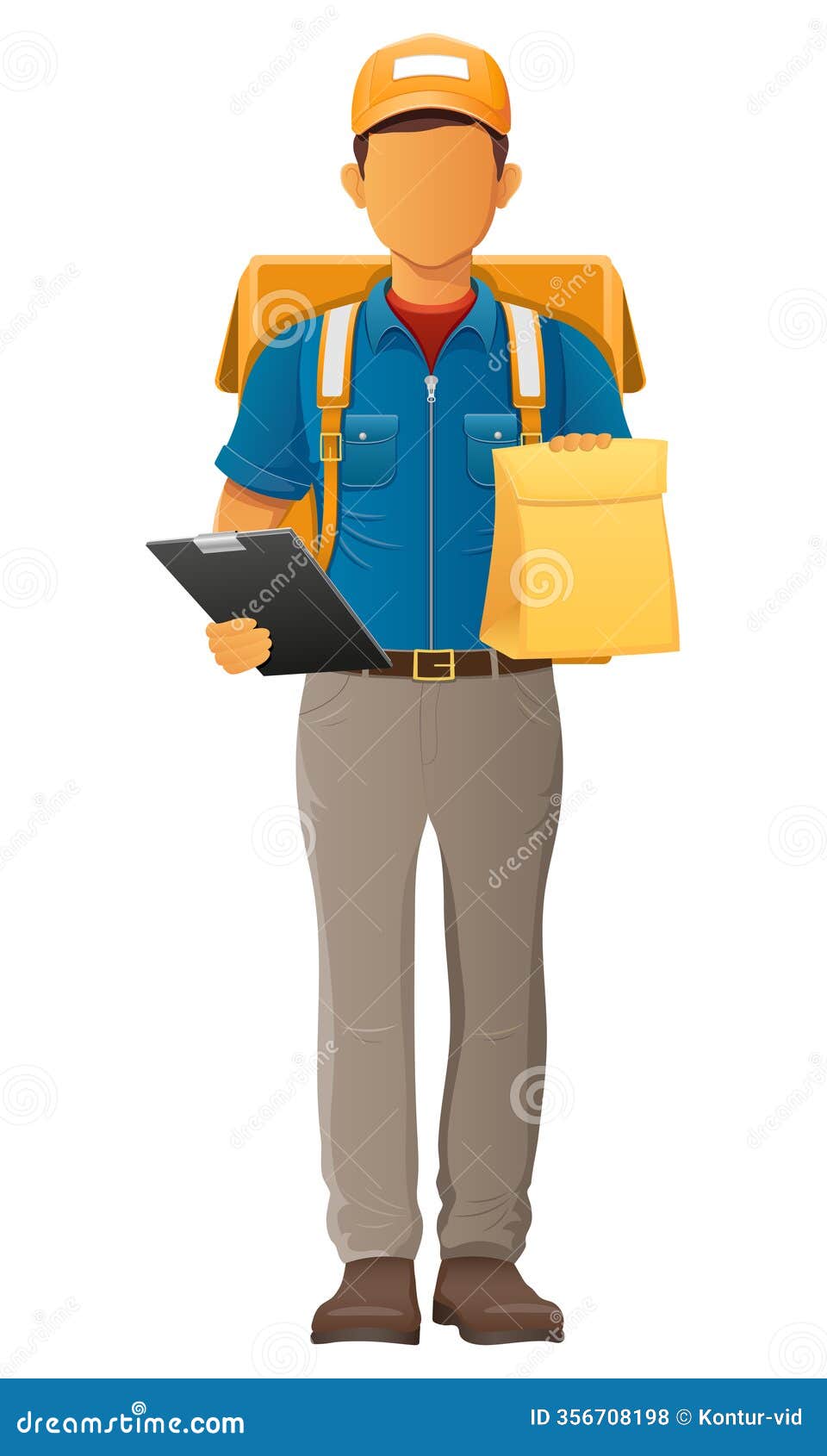 Delivery Man With Box. Young Courier In Red Hat And Uniform Standing ...