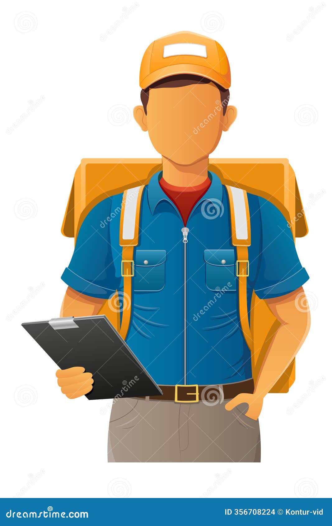 Delivery Man With Box. Young Courier In Red Hat And Uniform Standing ...