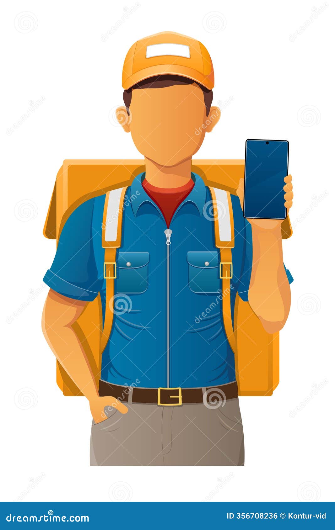 Delivery Man With Box. Young Courier In Red Hat And Uniform Standing ...