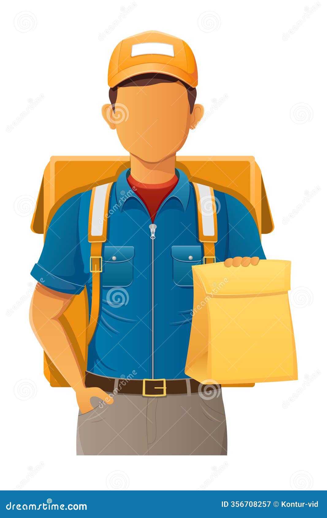 Delivery Man With Box. Young Courier In Red Hat And Uniform Standing ...