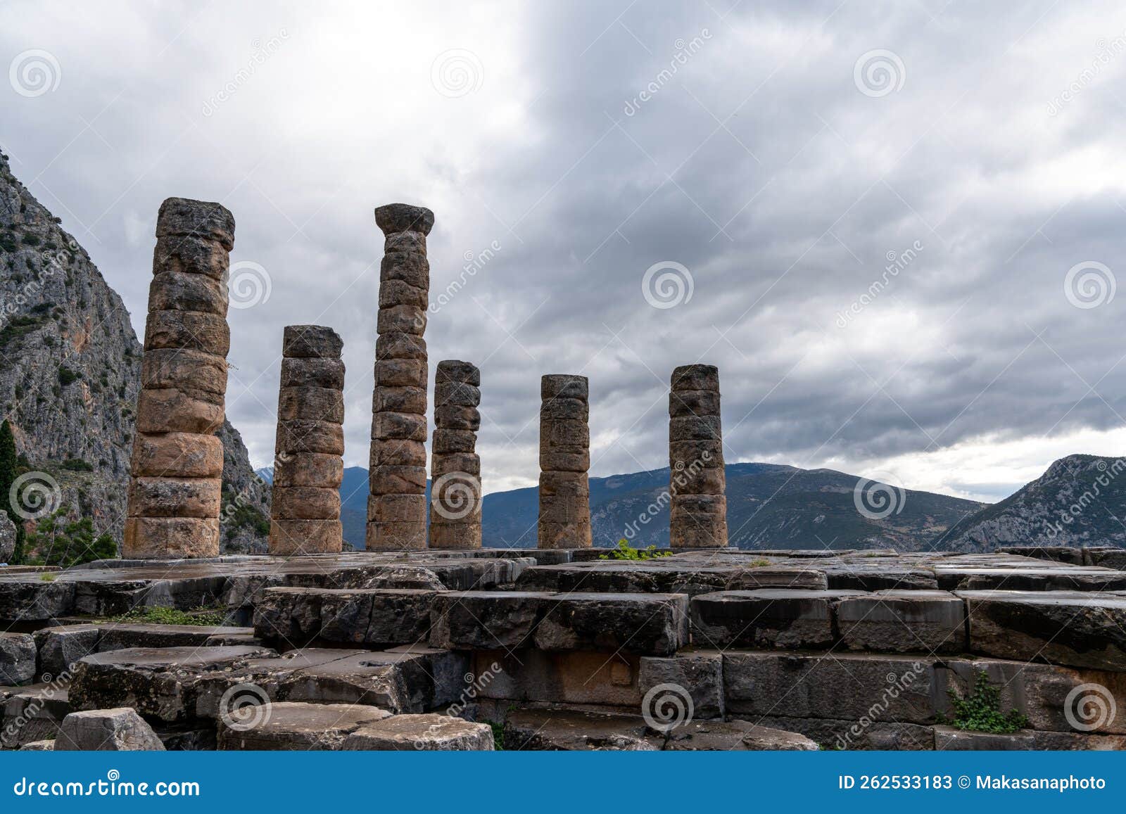 View of Doric Columns and Temple Ruins in the Sanctuary Athena Pronaia ... View of Doric Columns and Temple Ruins in the Sanctuary Athena Pronaia ...