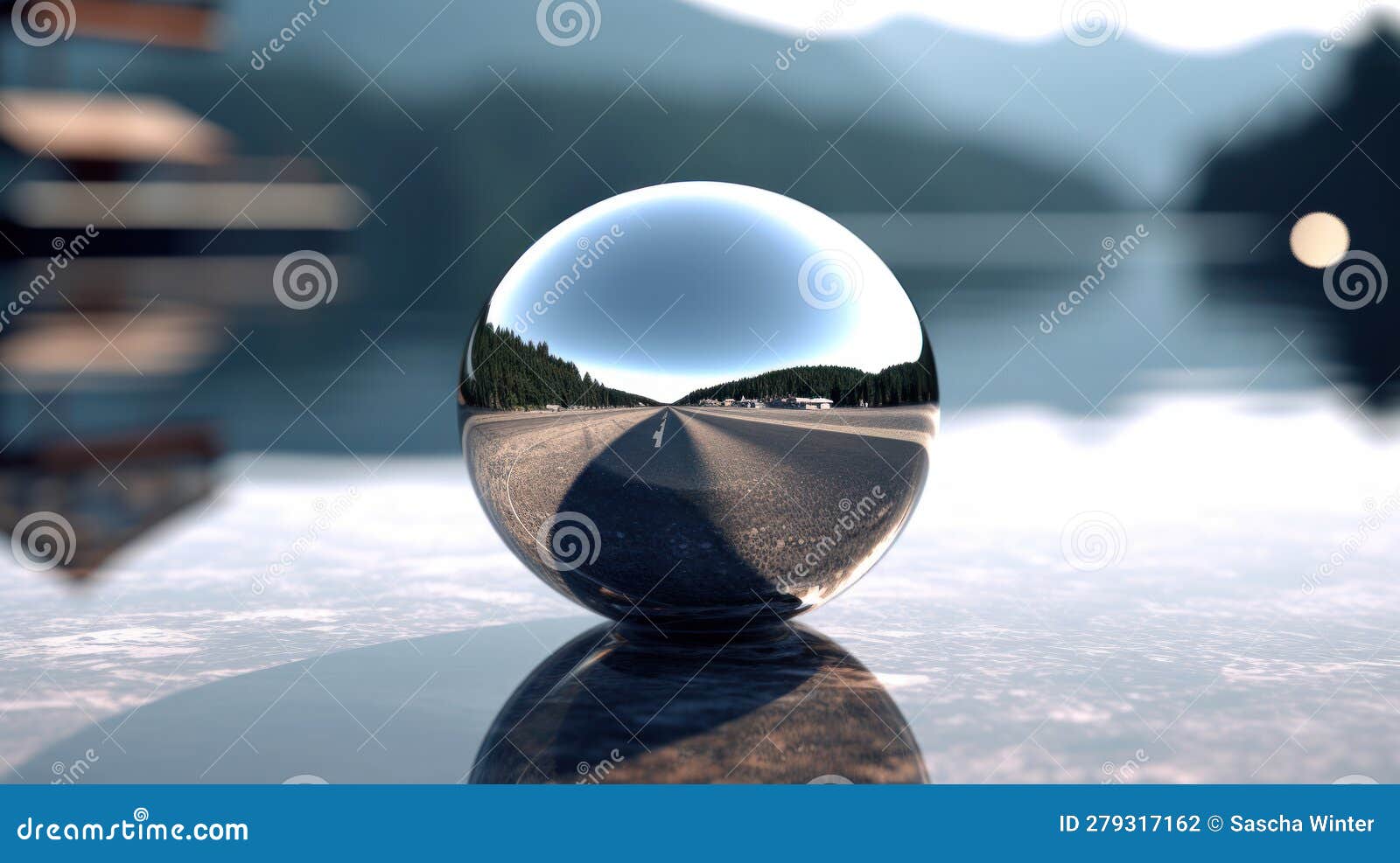 Reflective Reverie: a Captivating Metallic Sphere on Calm Waters Stock ...