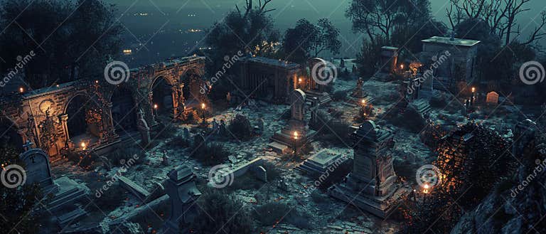 Delve into a Top-down View of a Desolate Graveyard at Twilight, a ...