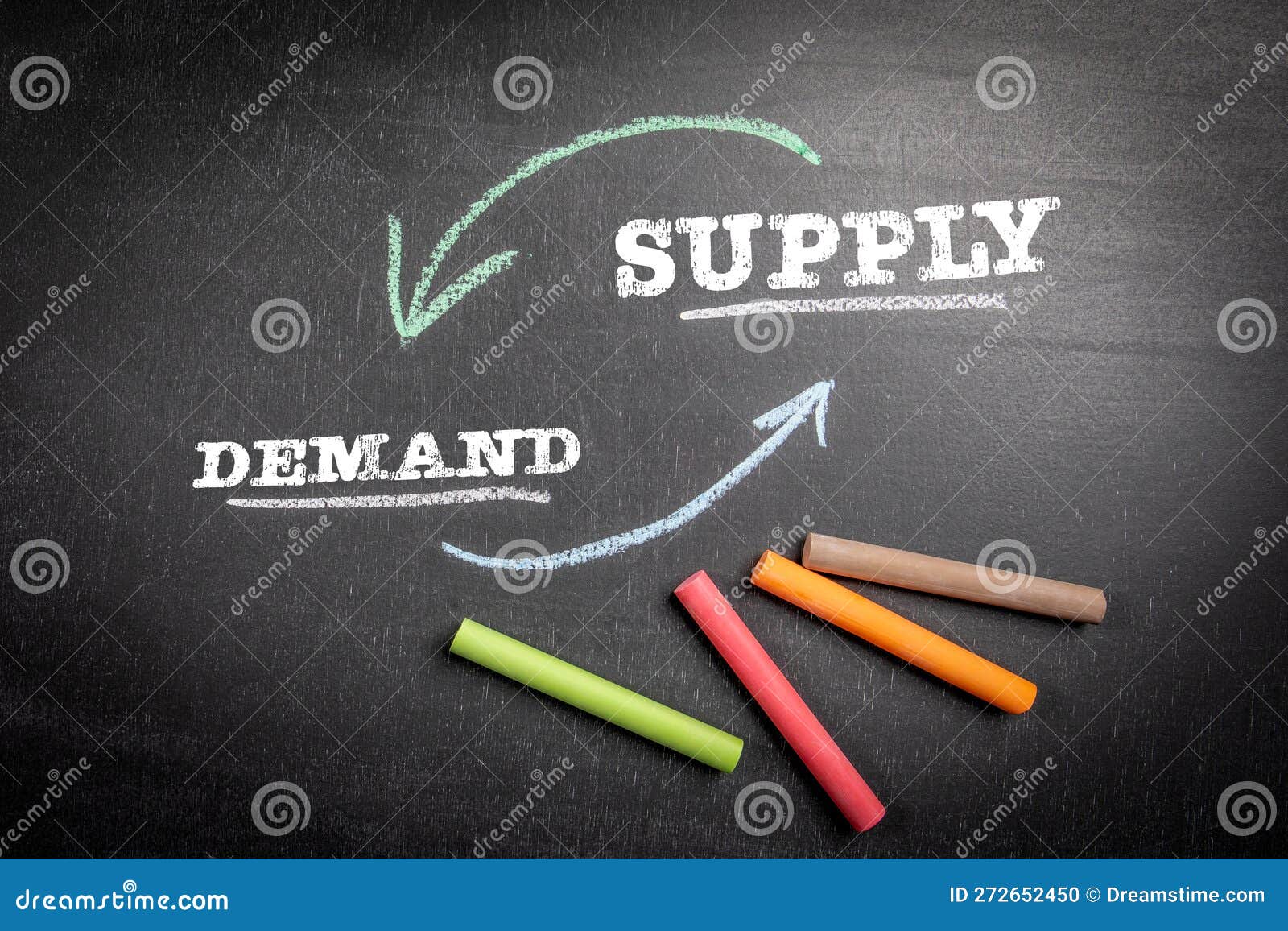 Demand and Supply Concept. Text and Colored Pieces of Chalk on a Dark ...