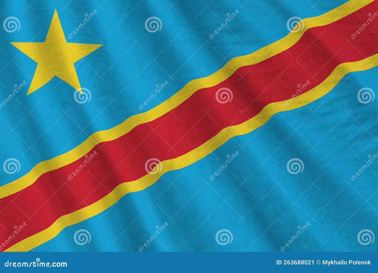 Democratic Republic Of The Congo Flag With Big Folds Waving Close Up