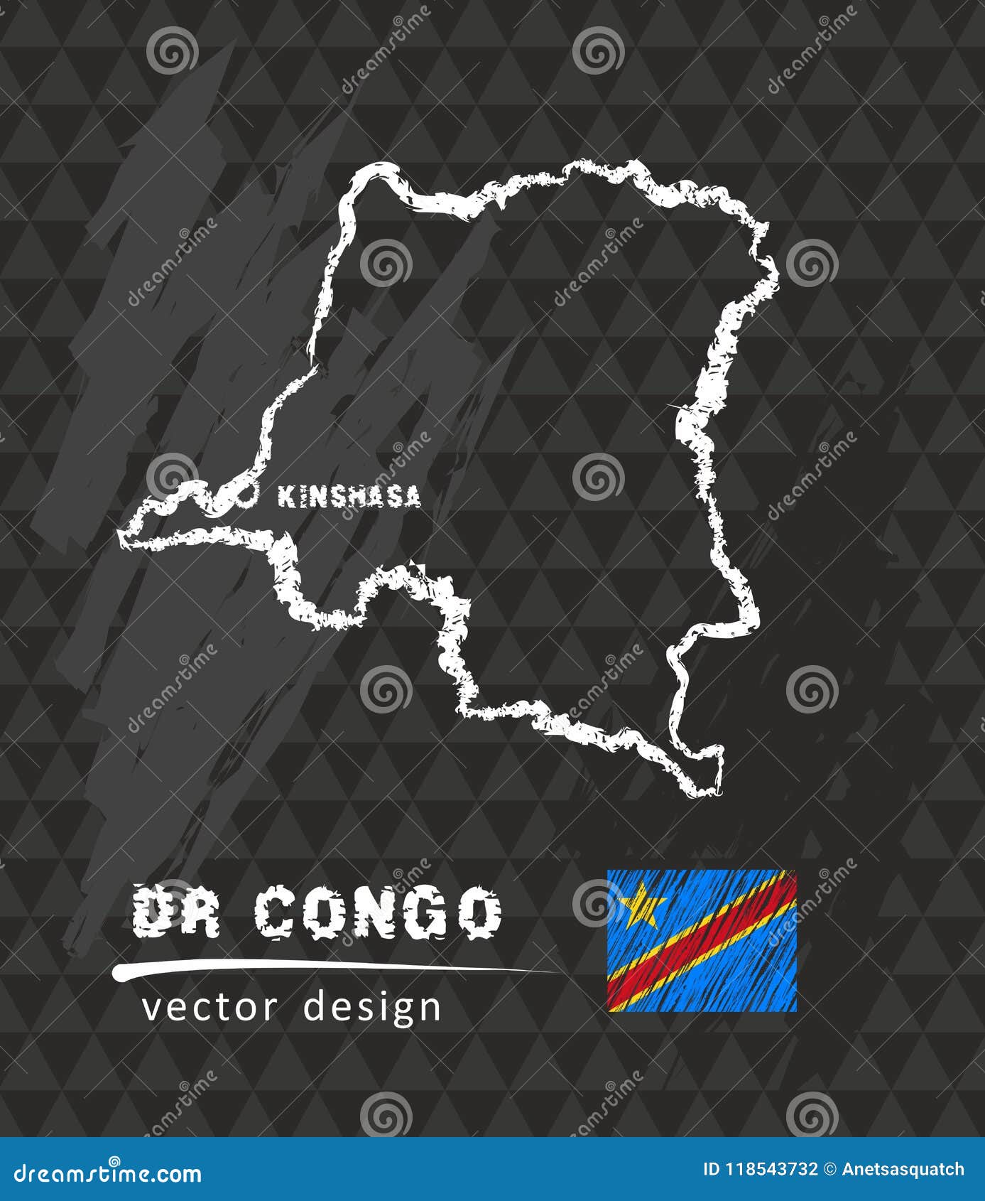 Democratic Republic of the Congo Map, Vector Pen Drawing on Black ...