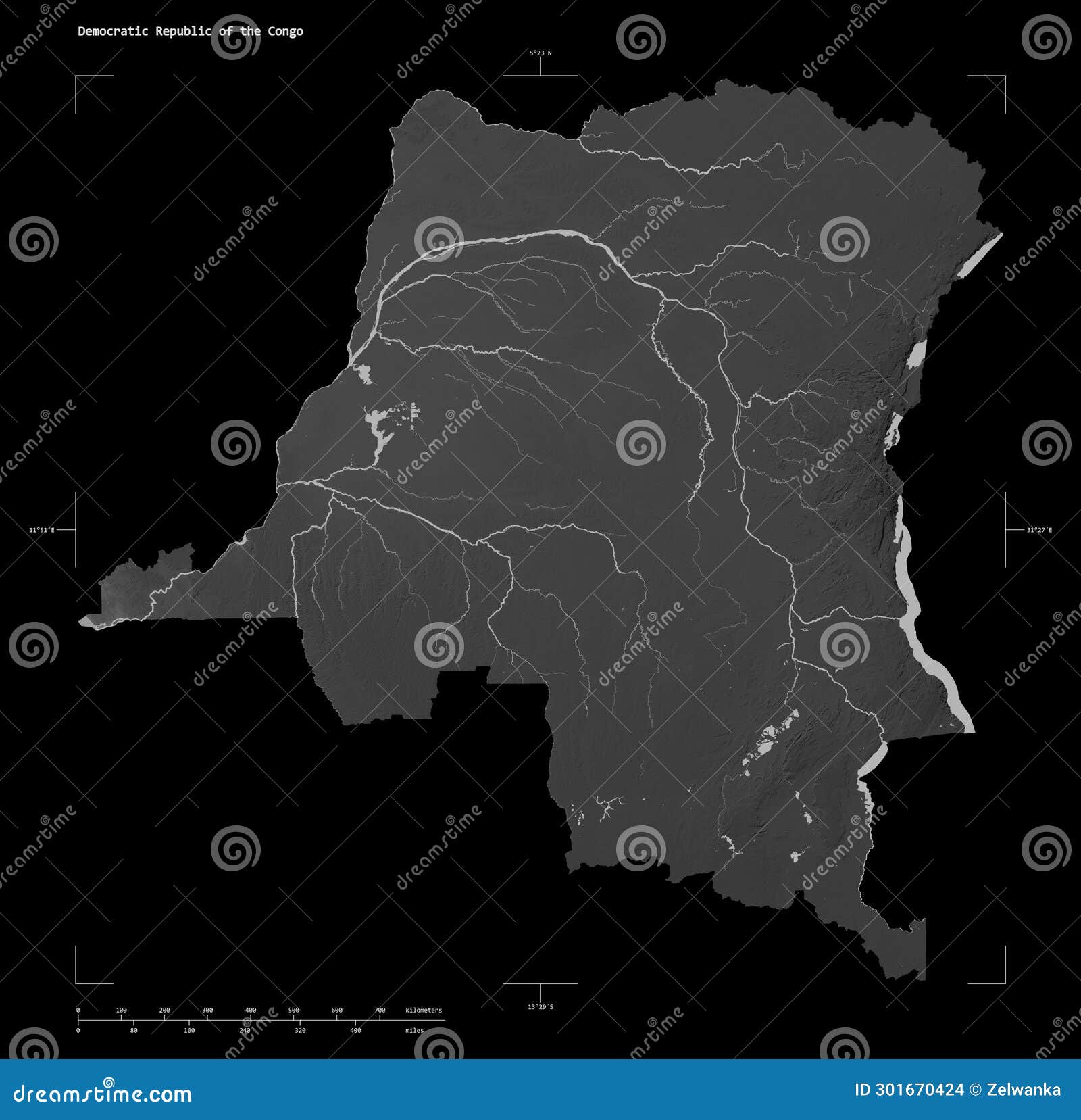 Democratic Republic of the Congo Shape on Black. Grayscale Stock ...