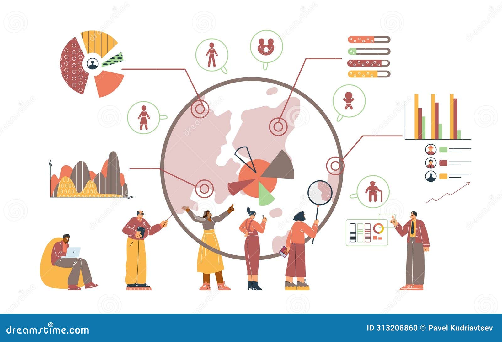Demographics Analysis Concept. Graphs And Charts Next To Planet ...