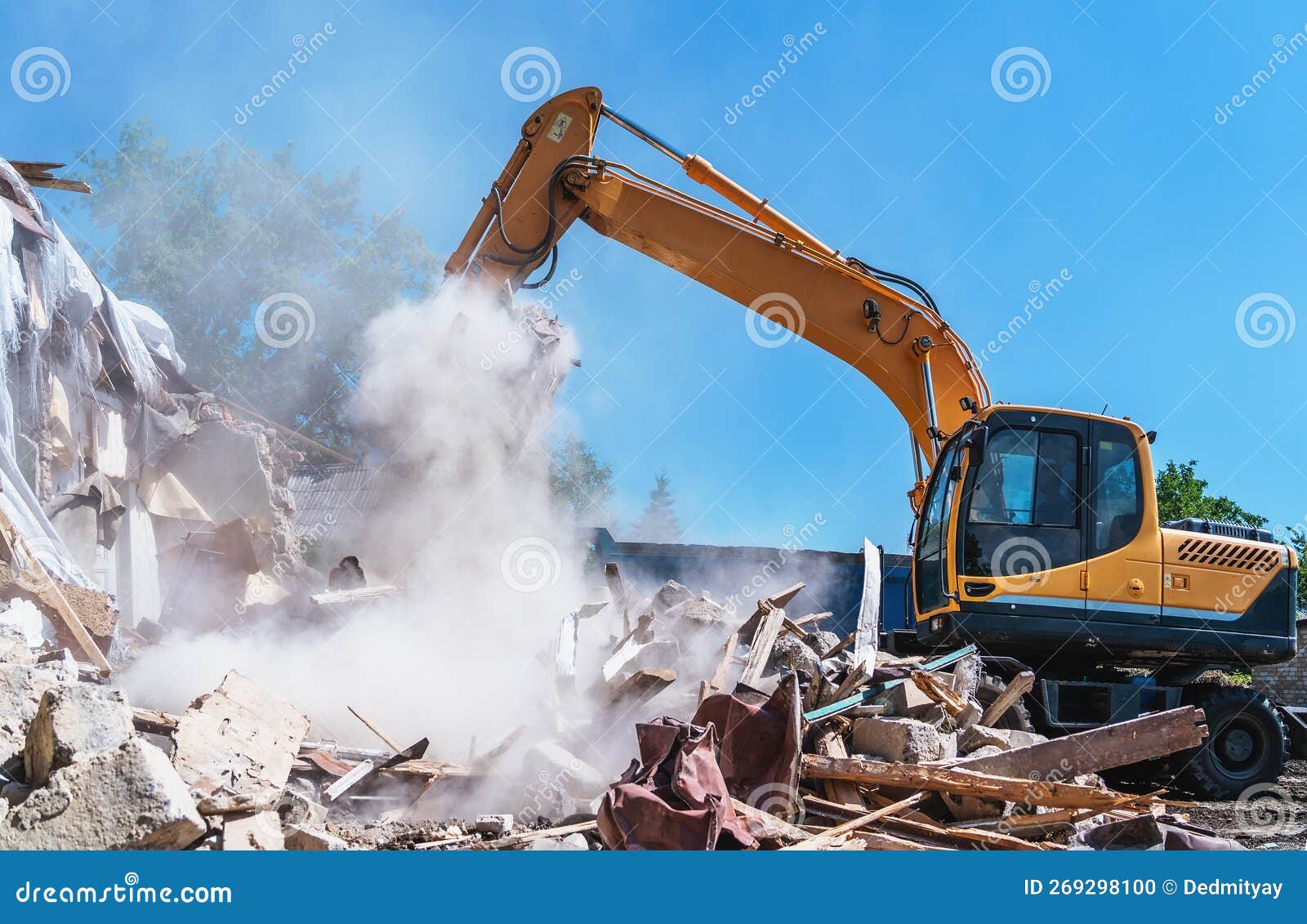 Demolition of Building. Excavator Destroy Old House Stock Photo - Image ...