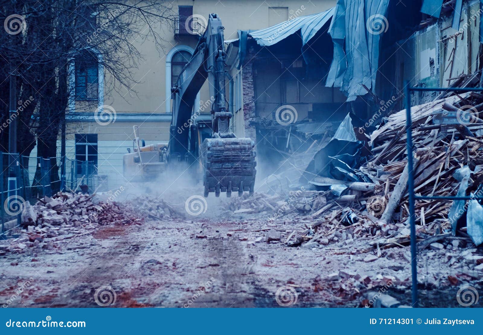 The Demolition of Building, Excavator in Work, Destruction Stock Image ...