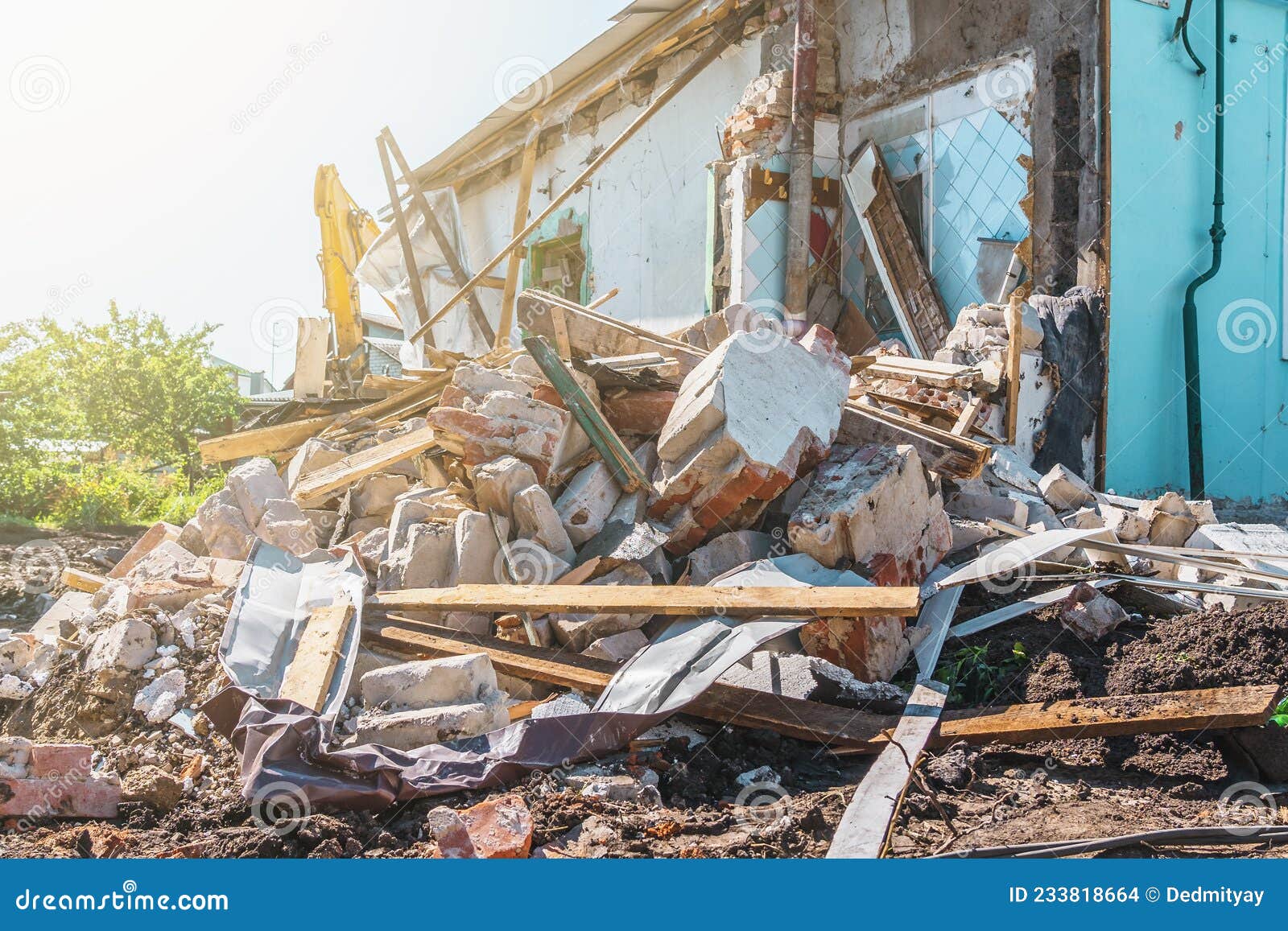 Demolition of Building. Ruins of Demolished House with Broken Wall ...