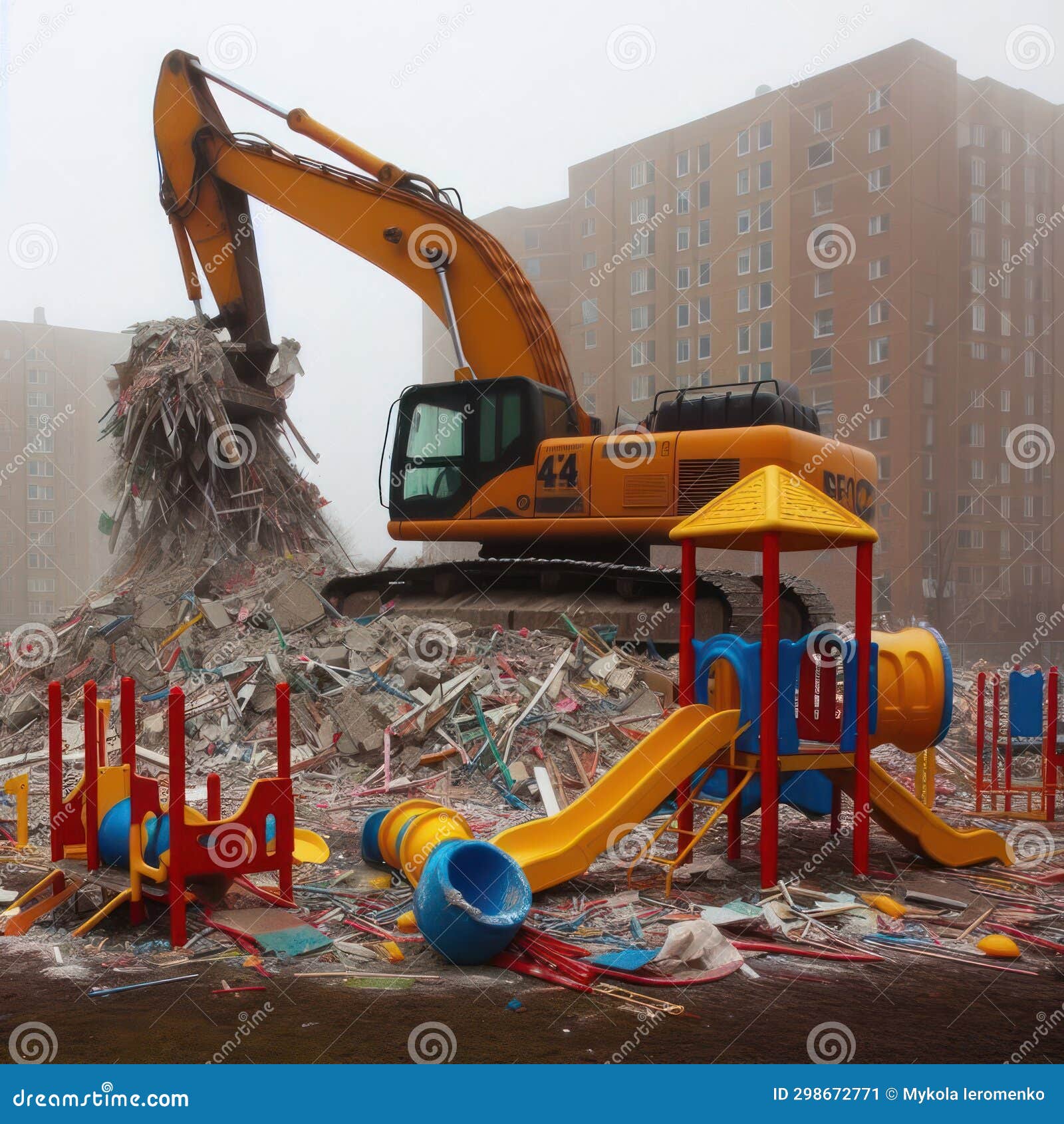 Demolition by Construction Equipment of the Playground. Stock ...