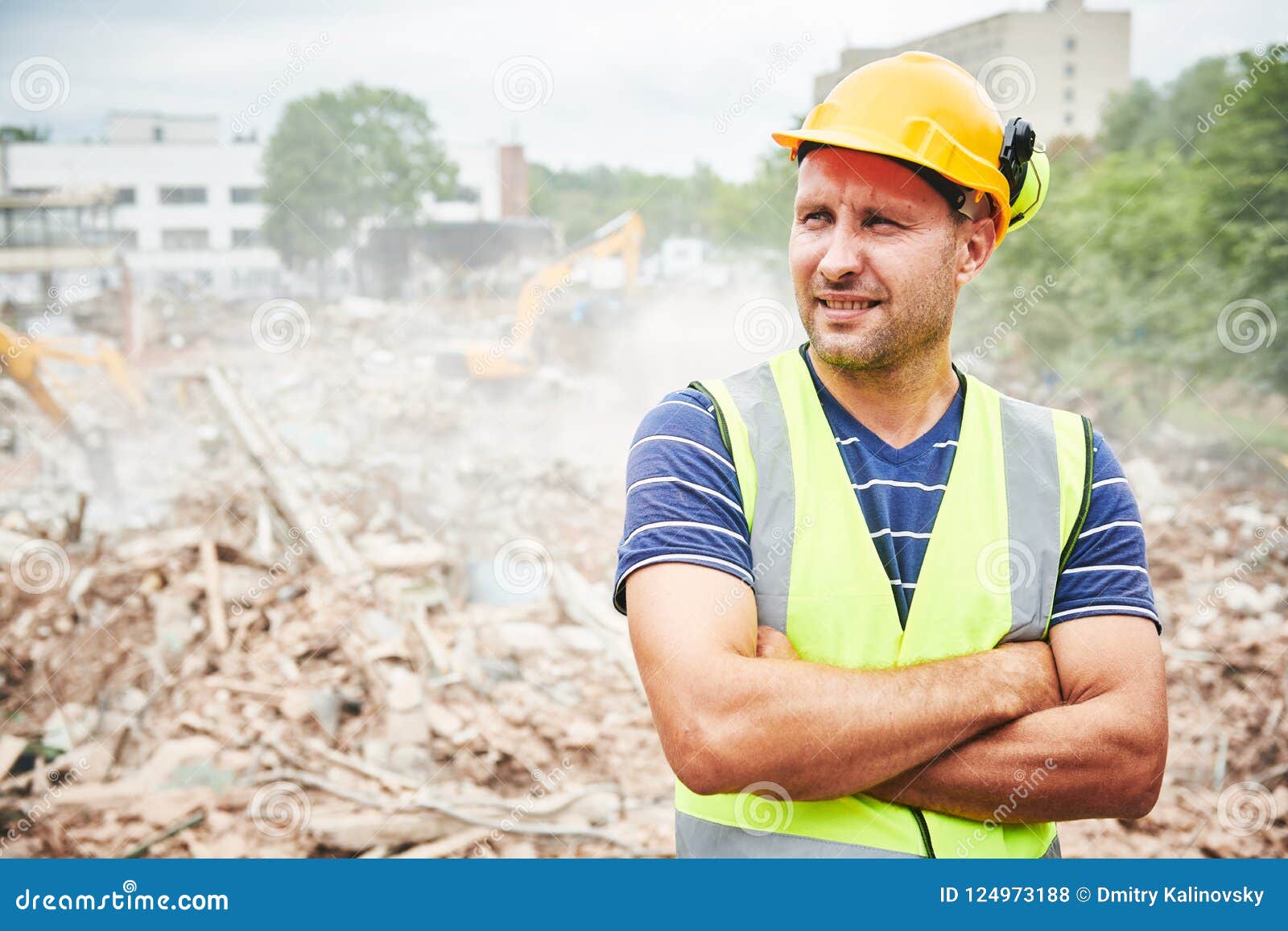 Demolition Construction Work. Worker at Building Site Stock Photo ...