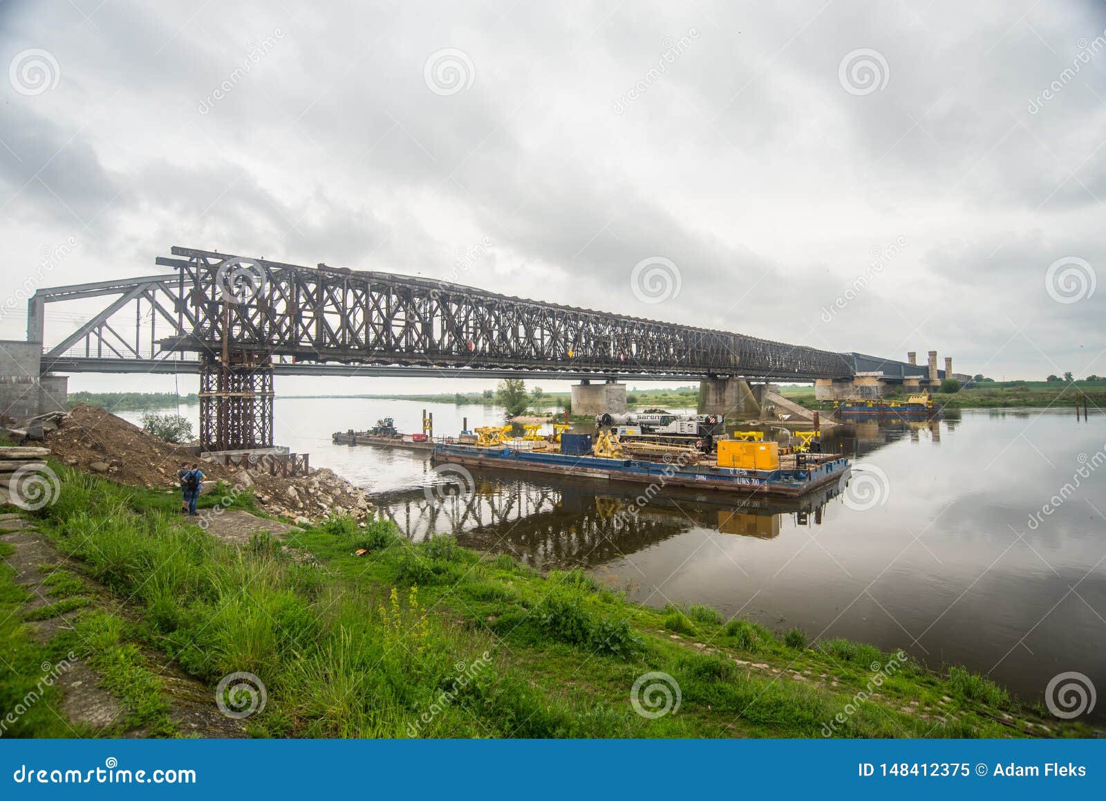 Disassembly of an Old Steel Bridge at Construction Site of a New Bridge ...
