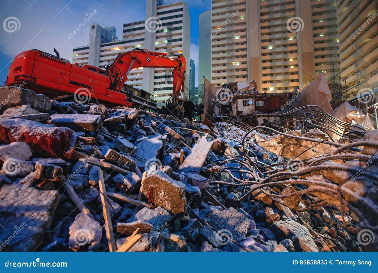 Demolition with an Excavator at Night Stock Image - Image of digger ...