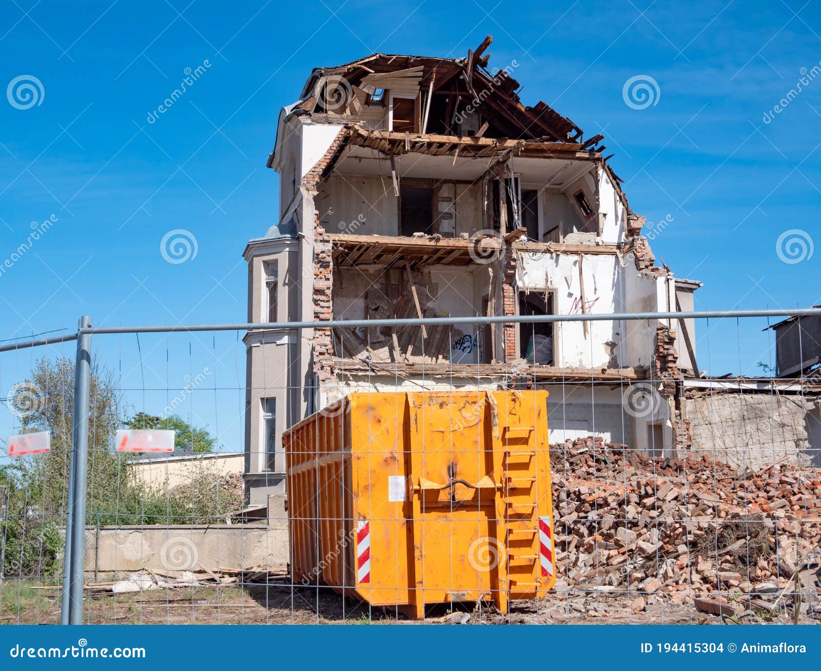 Demolition of a House with Rubble Container Stock Photo - Image of ...