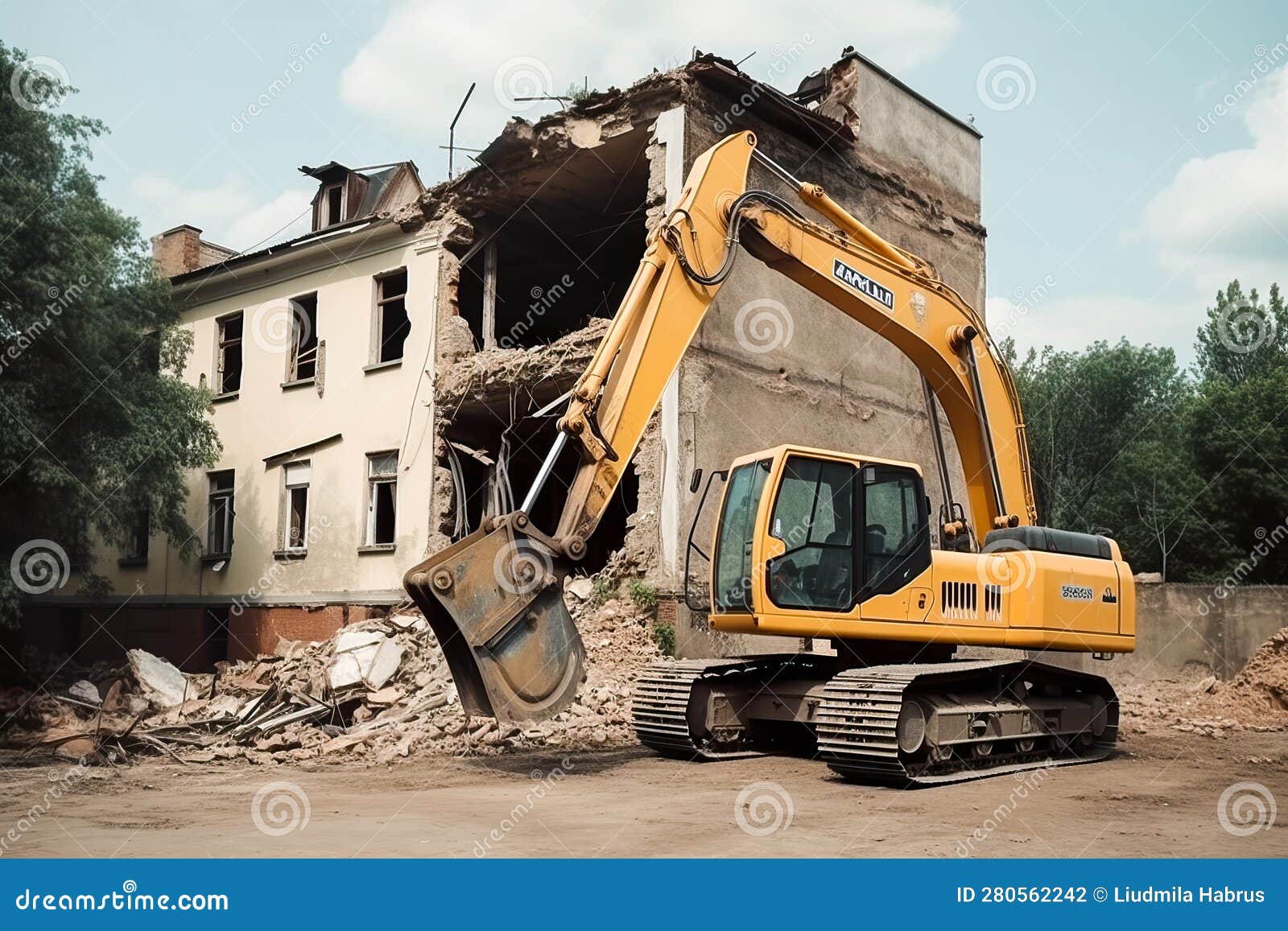 Demolition of an Old Building. Excavator Digs the Ground Stock Photo ...