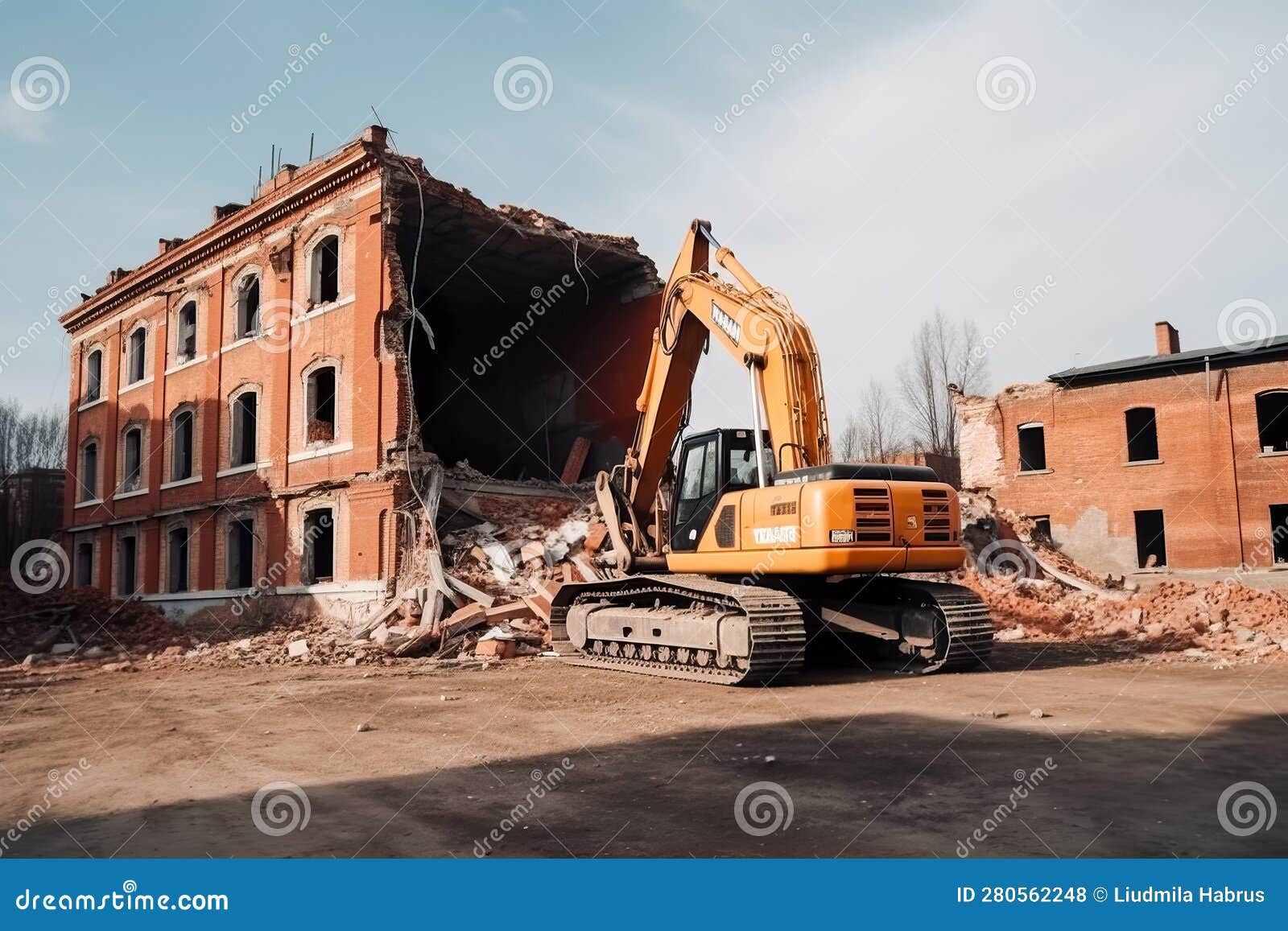 Demolition of an Old Building. Excavator Digs the Ground Stock Photo ...