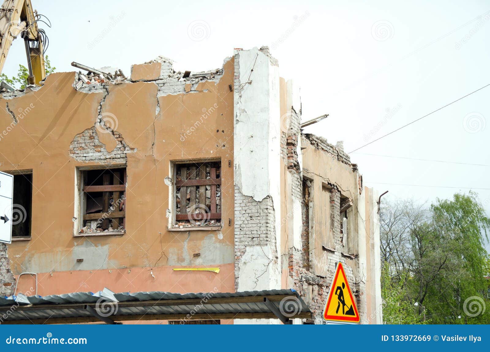 Demolition of the Old House and Sign. Stock Image - Image of street ...