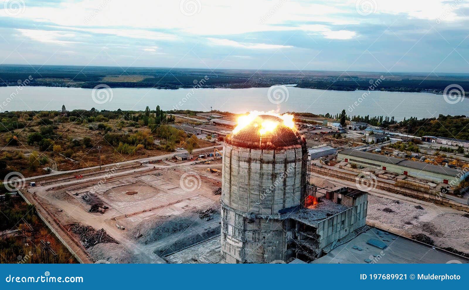 Demolition of Old Industrial Building by Exploding Dynamite, Aerial ...