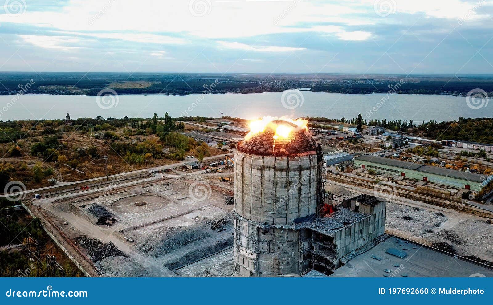 Demolition of Old Industrial Building by Exploding Dynamite, Aerial ...
