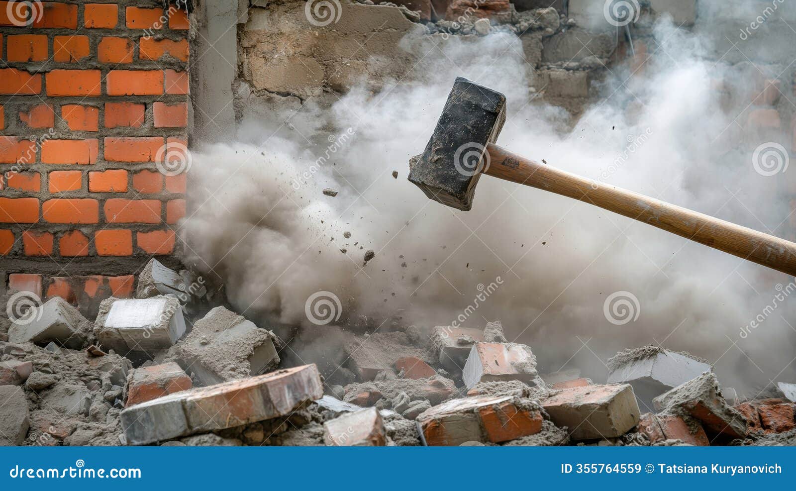 Demolition Process, Hammer Striking Wall, Debris and Dust Cloud Stock ...