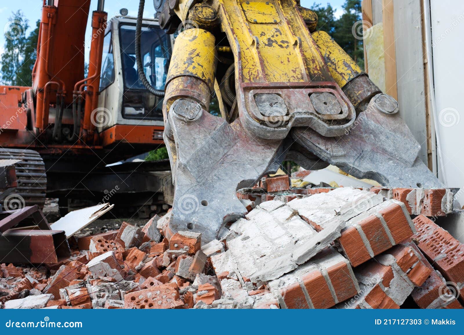 Demolition Excavator Crushing Brick Wall Stock Image - Image of damaged ...