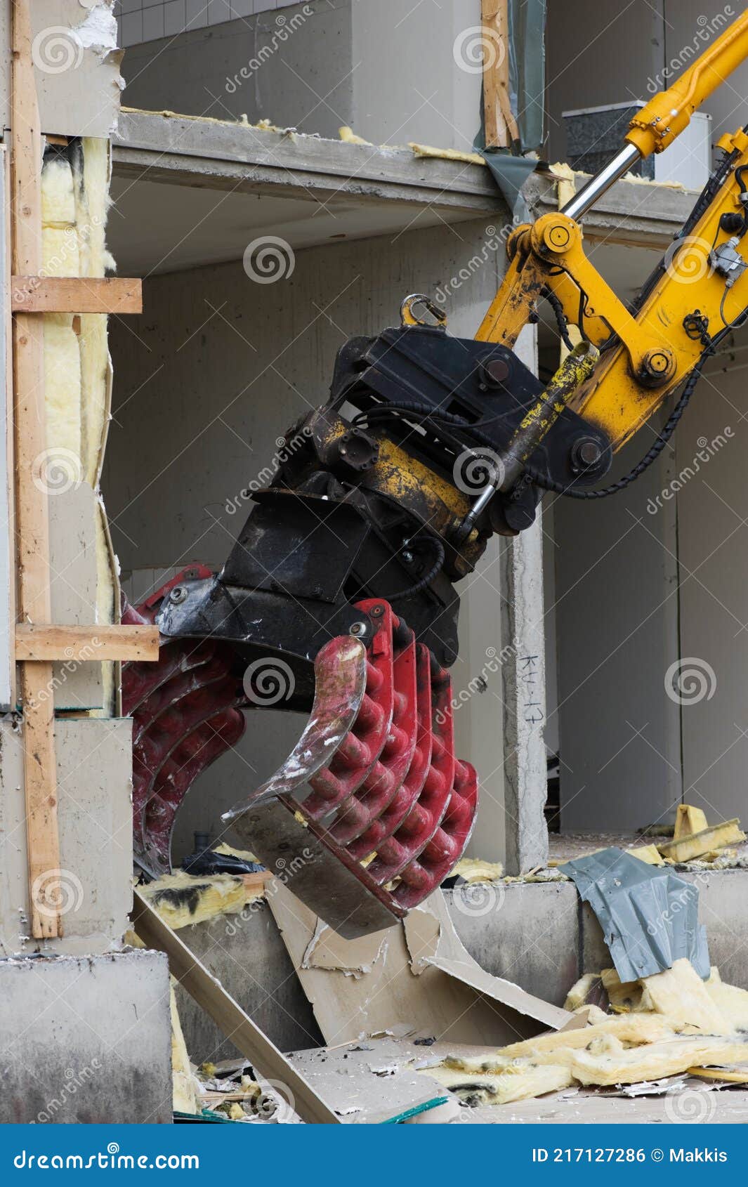 Excavator with Grab Breaking Down a House Stock Photo - Image of ...