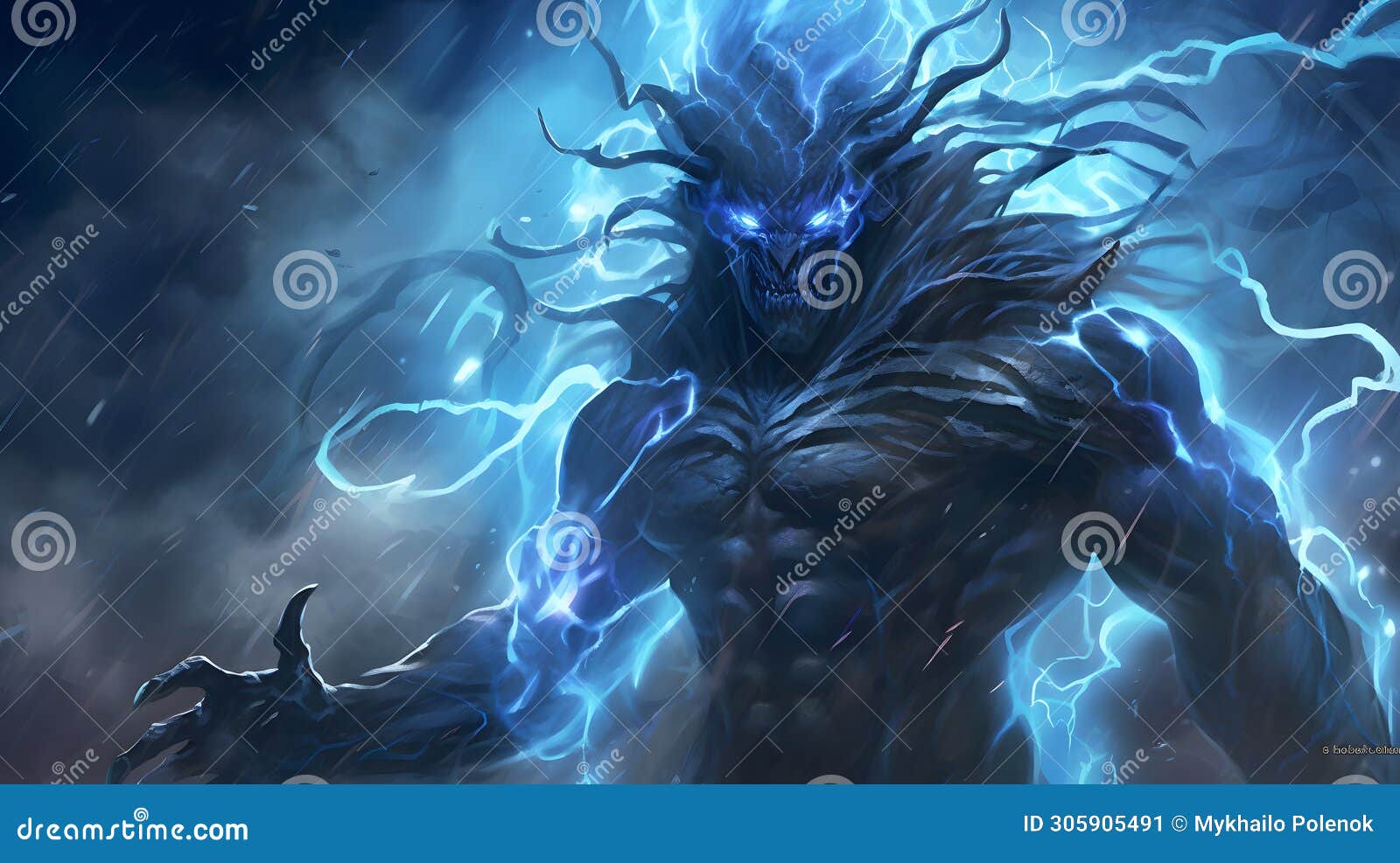 Demon with Blue Lightning, Devil. Neural Network AI Generated Stock ...