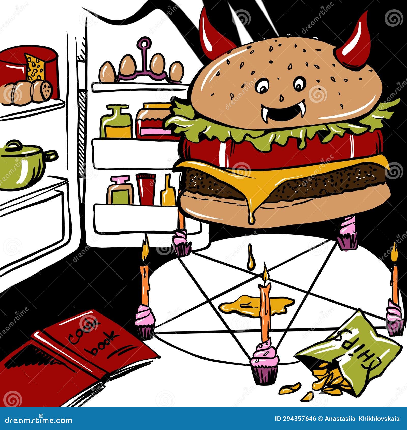 Demon Burger Near the Fridge Colour Illustration Stock Illustration ...