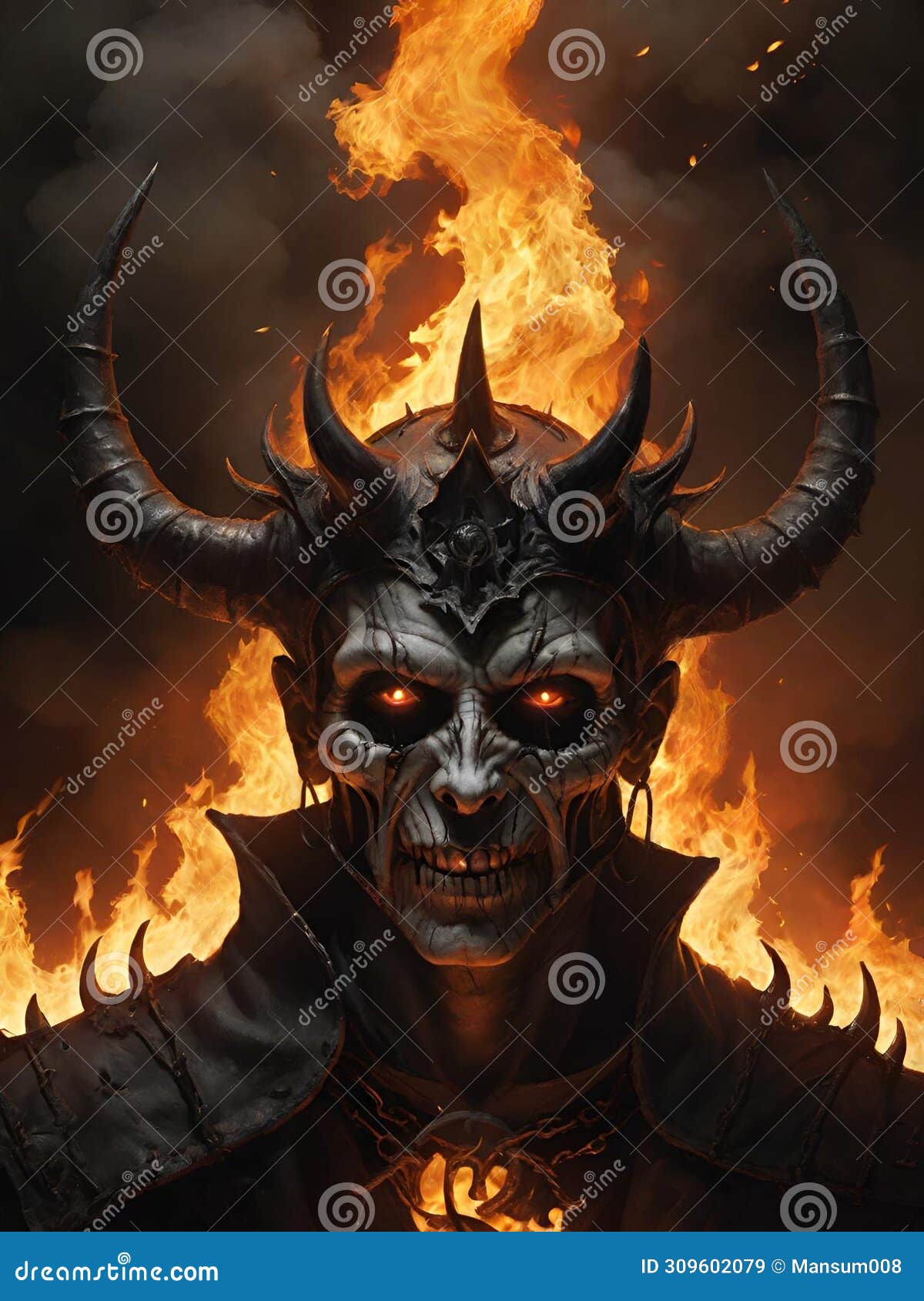 A Demon with Burning Flames Stock Illustration - Illustration of skull ...