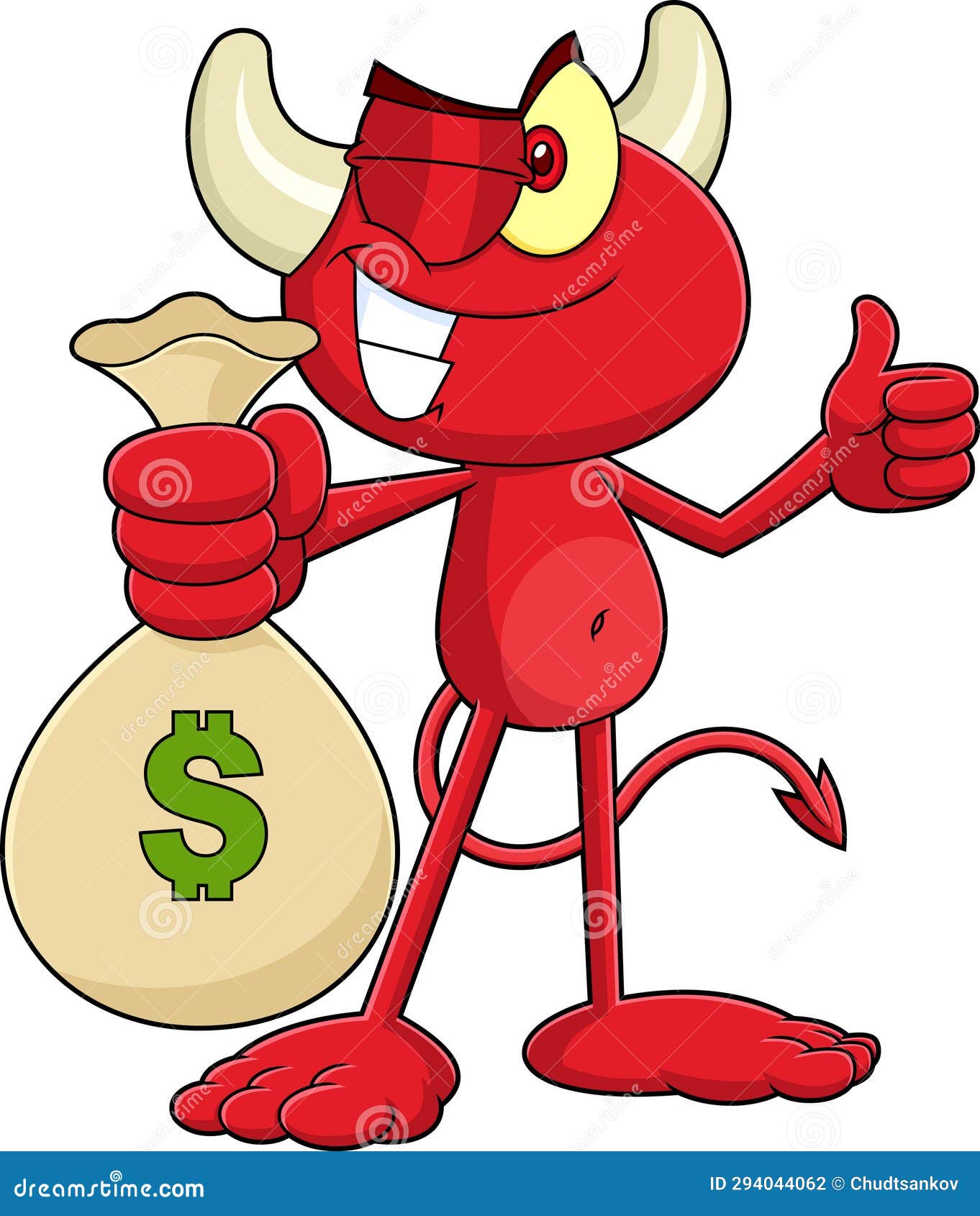 Winking Little Red Devil Cartoon Character Holding a Money Bag and ...