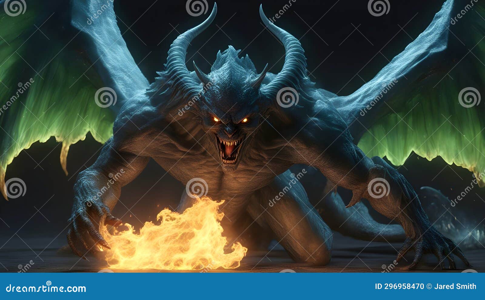 Demon Dragon in the Fire a Blue and Green Winged Demon with Fire that ...