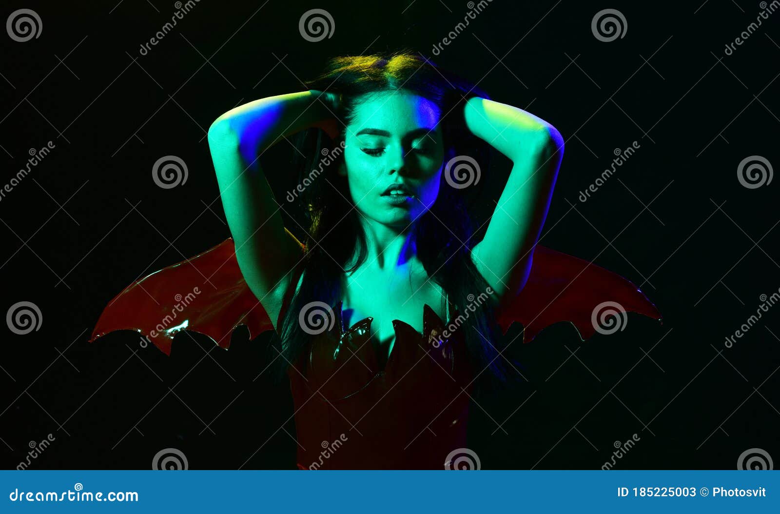 Demon Girl Play With Hair Lady Sexi Dressed As Demon Devil Black Background Stock Image