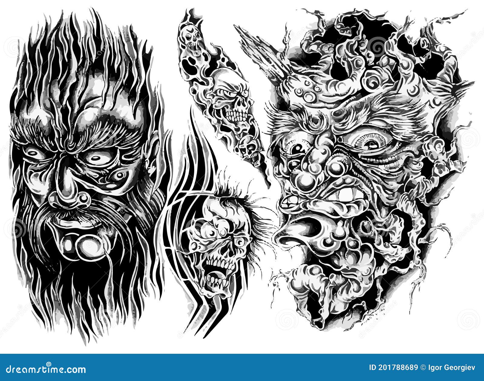 Demon Tattoo Set. Skull Tattoo Set. Set of Labels and Elements. Vector ...