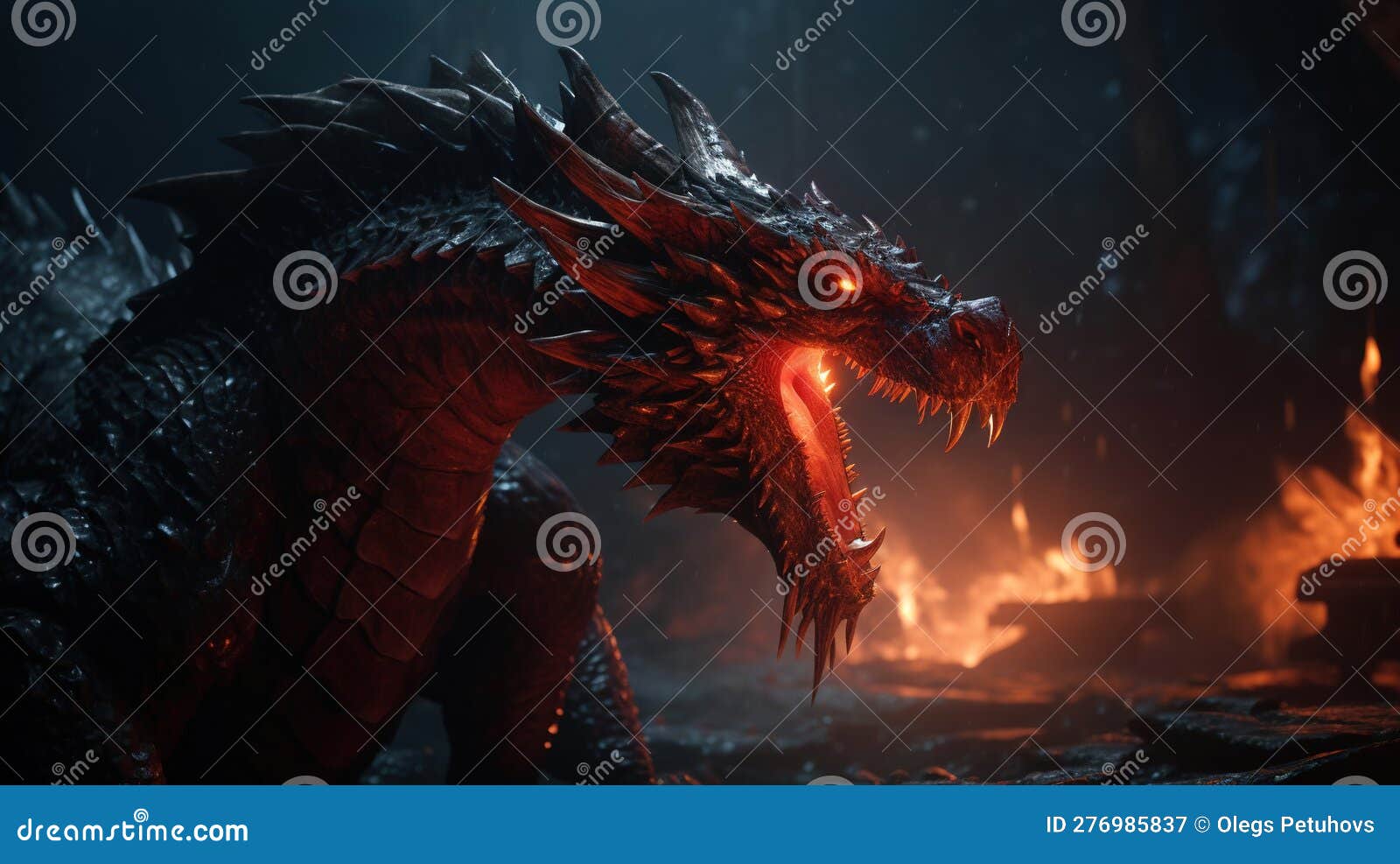 A Demonic Dragon with Glowing Eyes in a Dark Cave with Flames Stock ...