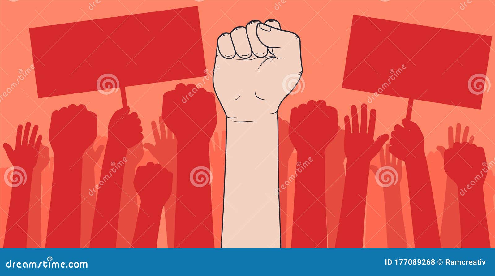 Demonstration of Protesting Crowds People with Raised Hands and Banners ...