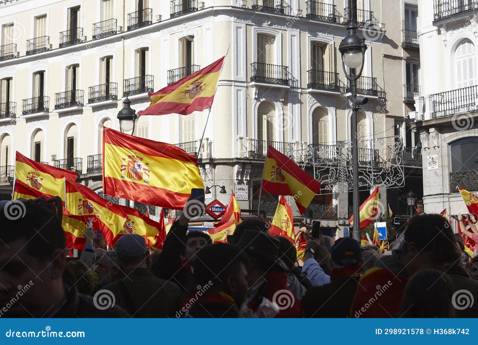 Demonstration in Spain with Spanish Flags. Protest. Crowd in Madrid ...