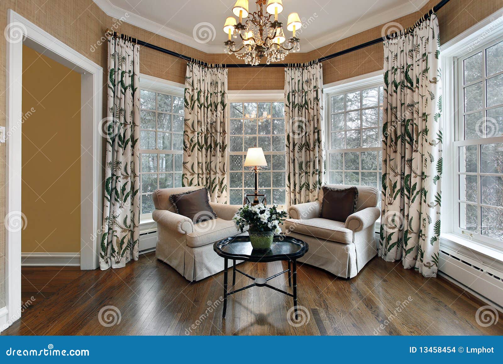 Den with wall of windows stock photo. Image of residence - 13458454