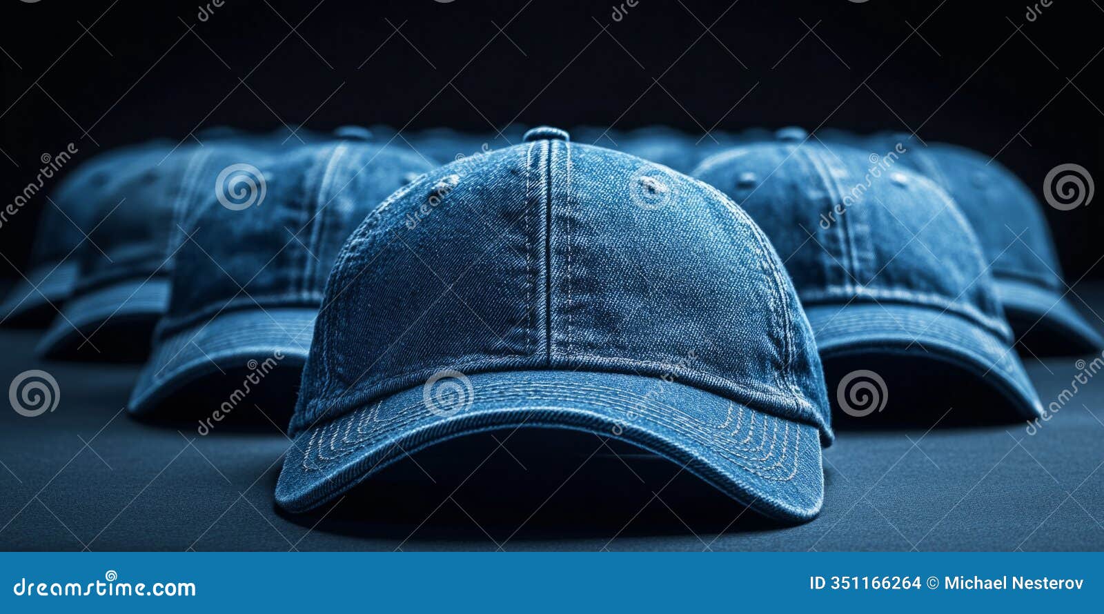 Denim Baseball Caps are Arranged in a Row on a Dark Blue Surface ...